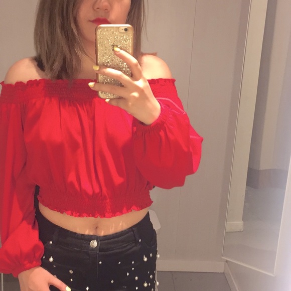 H&M | Tops | Hm Red Off Shoulder Long Sleeve Shirt Size S | Poshmark